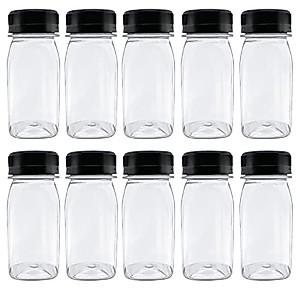 MYYZMY 10 Pcs 4 Ounce Plastic Juice Bottles, Reusable Bulk Beverage Containers for Juice, Milk and Other Beverages, Black lid