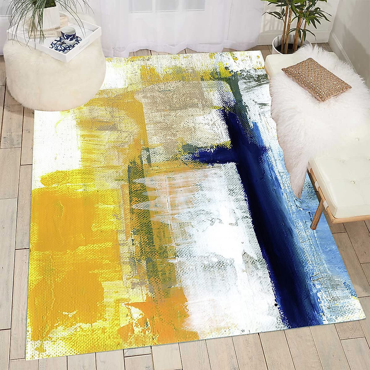 Mamatong Contemporary Modern Abstract Blue Yellow Vibrant Area Rug 5x7 Ultra Soft Wool Aesthetic Rug for Living Room Bedroom Dining Office Art Deco Floor Rug Kitchen Hallway Runner