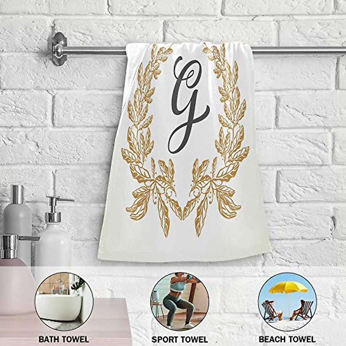 Oreayn Monogrammed Hand Towel for Bathroom Kitchen Beach Polyester Cotton Set of 2 Gold Leaves Wreath Fingertip Towel Soft Absorbent 28.3 x 14.4 Inch, Monogram Letter G