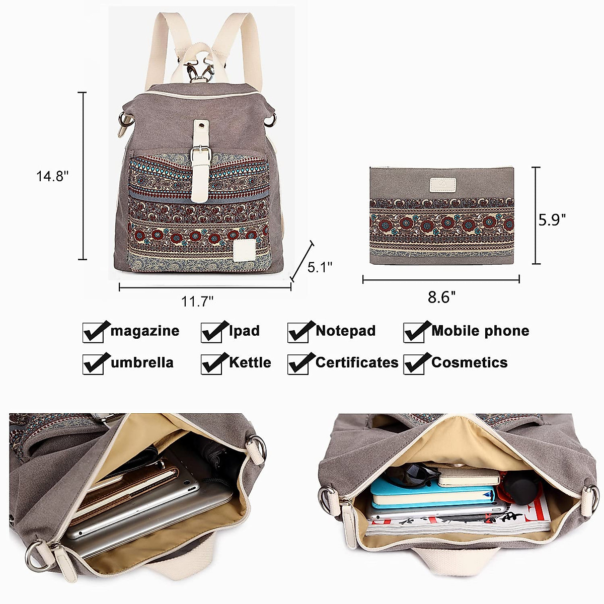 Backpack Purse Set Women Ladies Fashion Casual Lightweight Shoulder Bag Wallet Travel Daypack (Gray with Wallet)