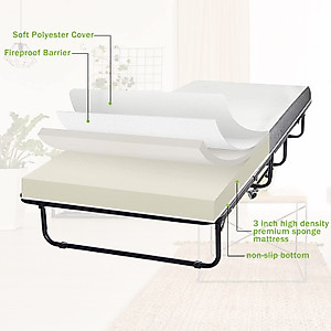 Folding Bed with Wheels, Folded Bed with Metal Slats, Portable Cot with 3.9 Inch Memory Foam Mattress, Roll Away Beds with Mattresses for Adults, 75L*30W*12H, Fold Up Bed for Easy Storage, White