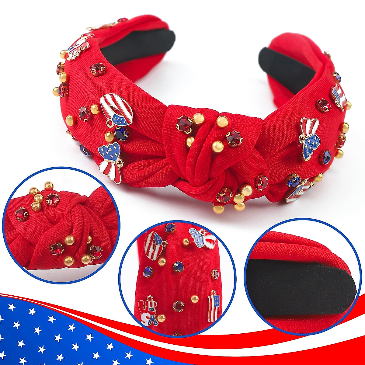 Gushu 4th of July Headband for Women, Fourth of July Red Knotted Patriotic Headband, Wide Top Knot Hair Band with Rhinestones, Beads and American Flag Charms, Memorial Independence Day Party Favors