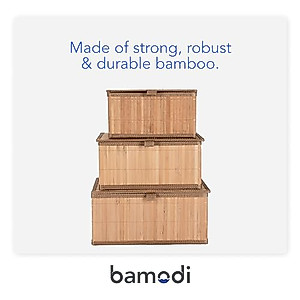 Bamboo Decorative Storage Boxes With Lids - Nesting Rectangular Lidded Box for Organization - Stackable Basket with Cloth Liner - Organizer for Toys, Home, Office - Woven Basket - Set of 3