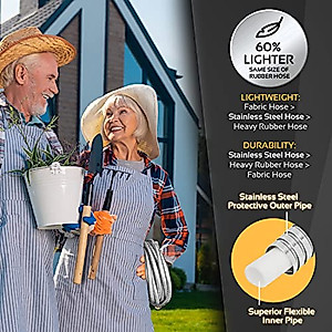 360Gadget Garden Hose Metal - 50ft Heavy Duty Stainless Steel Water Hose with 8 Function Sprayer & Metal Fittings, Flexible, Lightweight, No Kink, Puncture Proof Hose for Yard, Outdoors, Rv