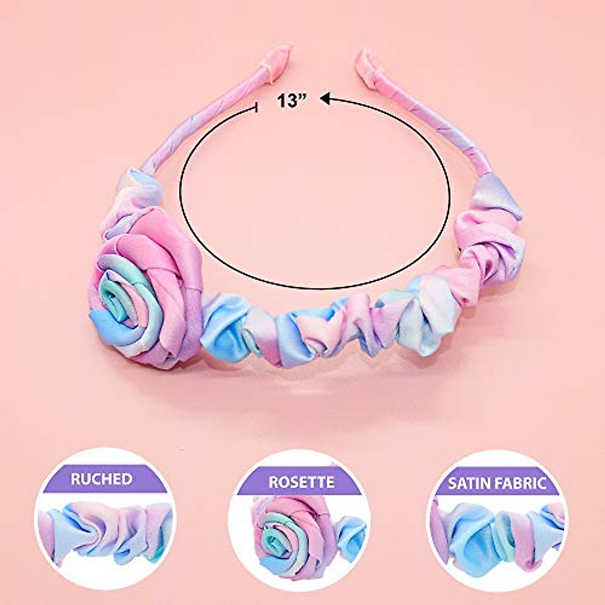 FROG SAC 2 Tie Dye Headbands For Girls, Satin Rosette Head Band For Kids, Ruched Headband Hair Accessories, Dressy Girl Hair Bands For Children