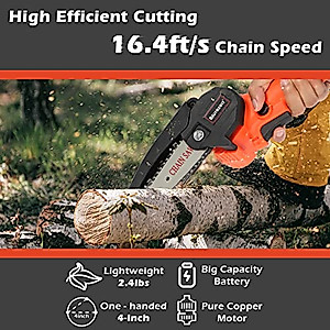 Blütezeit Mini Chainsaw Cordless, 4-Inch 21V Battery Power Chainsaw, Compact Handheld Electric Chainsaw Rechargeable for Wood Cutting, Branch Pruning, Tree Trimming (2 Batteries & 2 Chains Included)