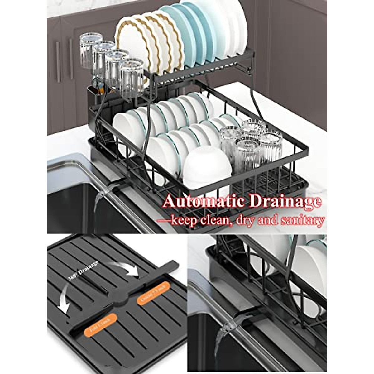 Dish Drying Rack with Drainboard,2-Tier Dish Racks for Kitchen Counter, Rustproof Drainer Set with Utensils Holder, Large Capacity Dish Strainers with Utensils Holder, Extra Drying Mat and Scrub Spong