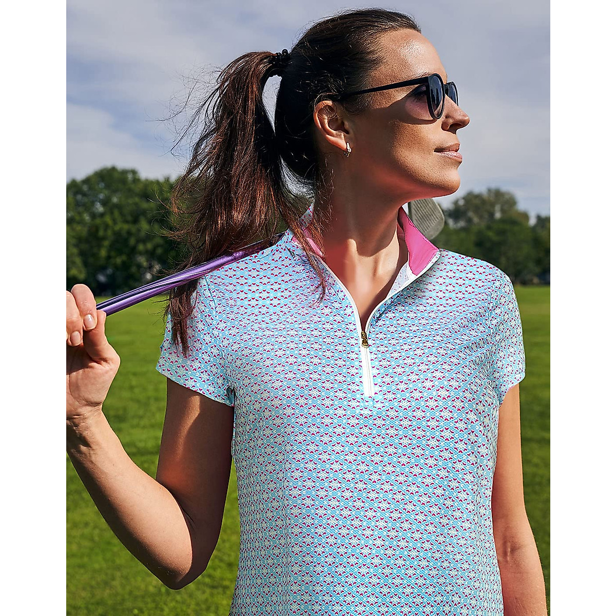 LRD Women's Golf Polo Shirts Short Sleeve Tennis Shirt UPF 30 Quarter Zip Up Mini Abstract/Pink - XS