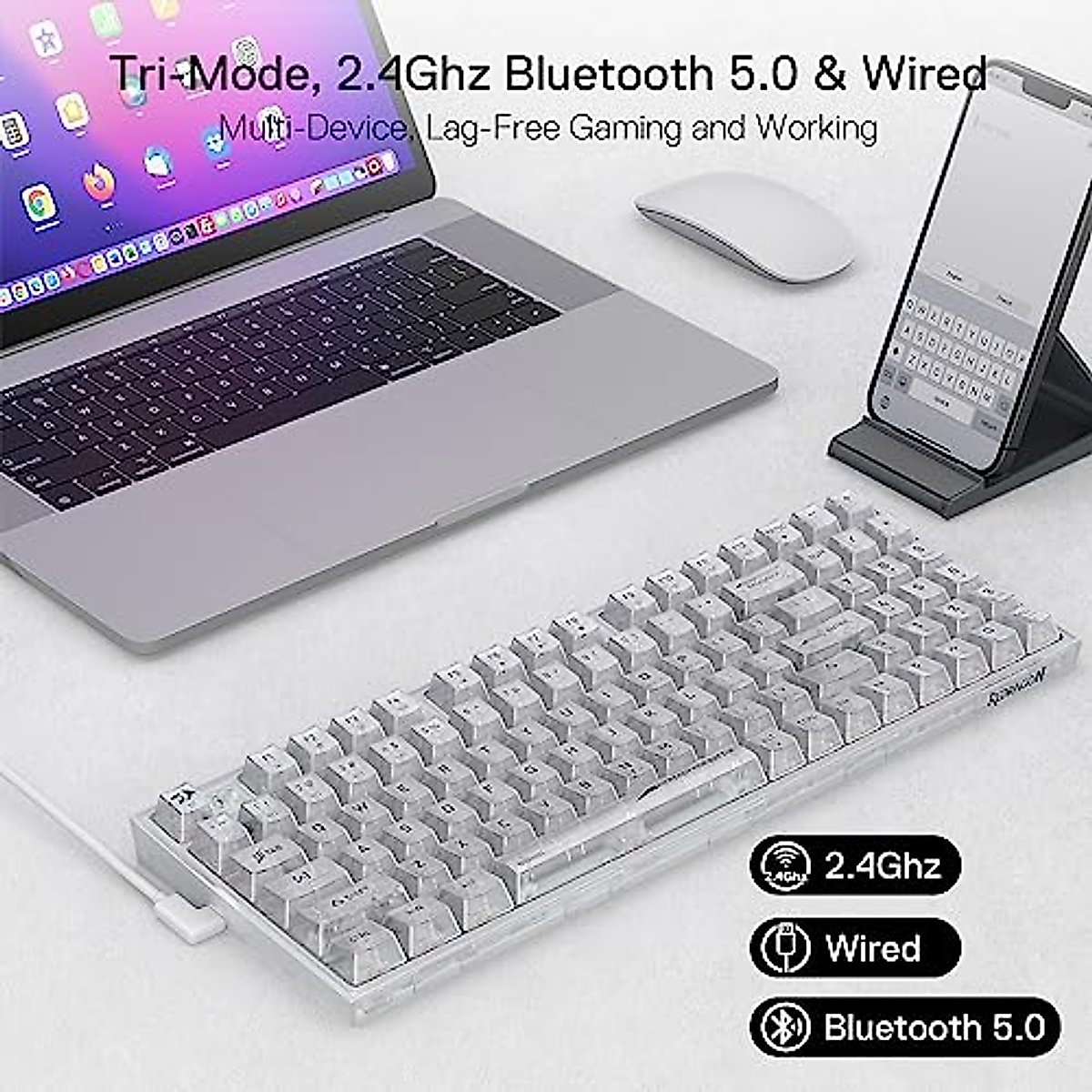 Redragon K658 PRO SE 90% 3-Mode Wireless RGB Gaming Keyboard, 94 Keys Full-Transparent Mechanical Keyboard w/Hot-Swap Socket, Sound Absorbing Foams, Full Numpad & Custom Switch