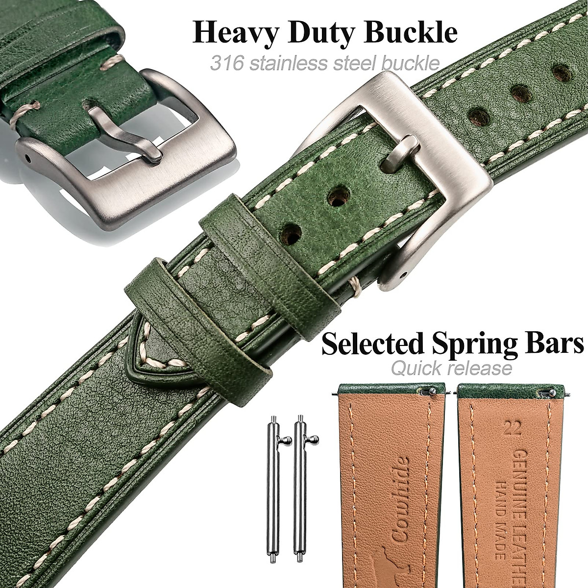 torbollo 22mm Leather Watch Bands, Quick Release Soft Green Watch Strap for Men Genuine Leather Replacement Wrap
