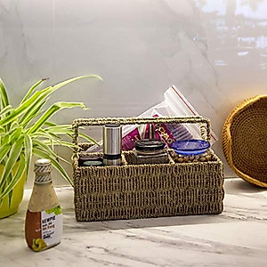 MadeTerra Large Wicker Utensil Caddy Carrier | Seagrass Woven Condiment Holder for Table - Kitchen Set Counter Top Organizer - Rustic Small Storage for Dinner Set , Wine