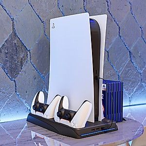 Q-View Vertical Stand for use with PlayStation 5, 4 in 1 Docking Station, Controller Charger, Cooling Fan and Games Storage Tray Compatible with PS5 Console, Disk and Digital Version
