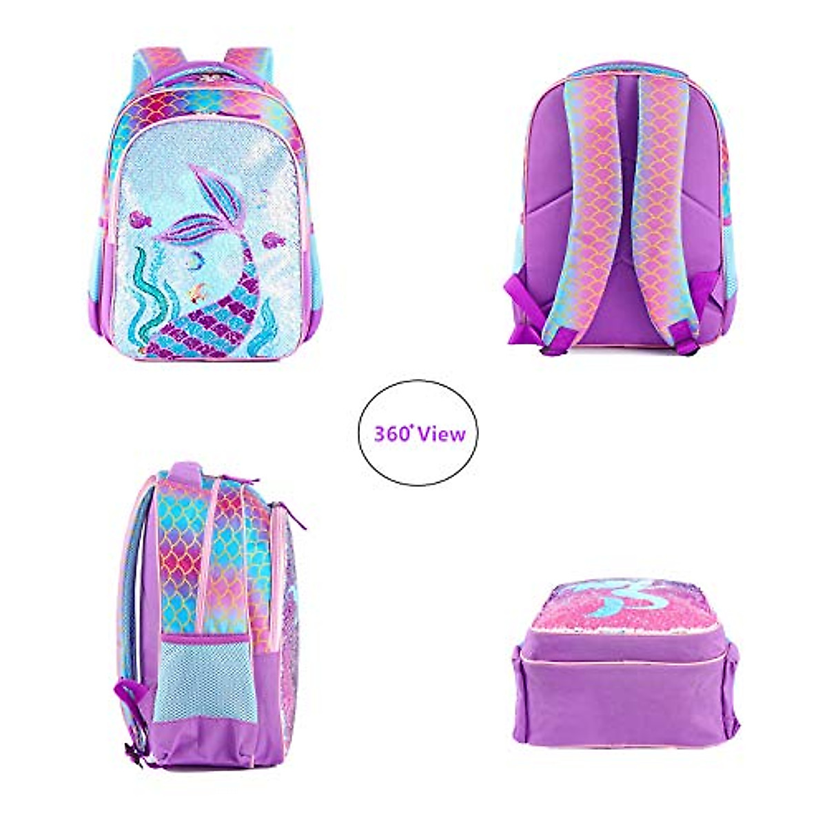 THE Crafts Reversible Sequin School Backpack Lightweight Little Kid Book Bag with Lunch Bag Set for Preschool Kindergarten Elementary (17", Mermaid with Lunch Bag)