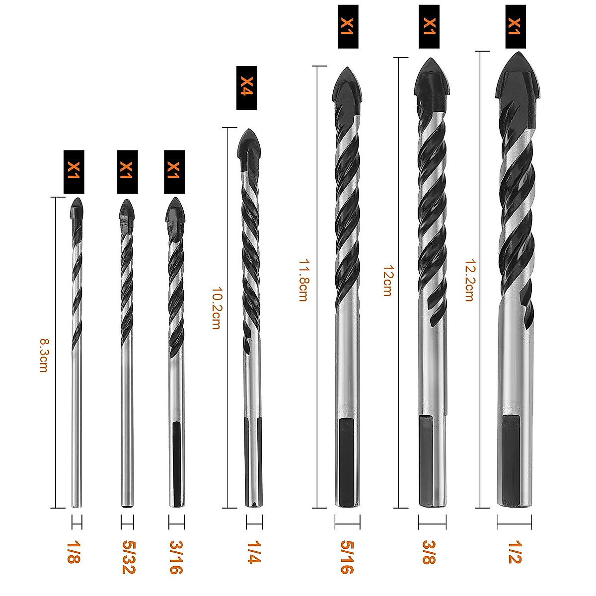 OCR 10Pcs Masonry Drill Bits Set, 1/8 to 1/2 Inch Bits for Power Drills, Professional Concrete Drill Bit Set for Tile Brick Cement Concrete Glass Plastic Cinder Block Wood