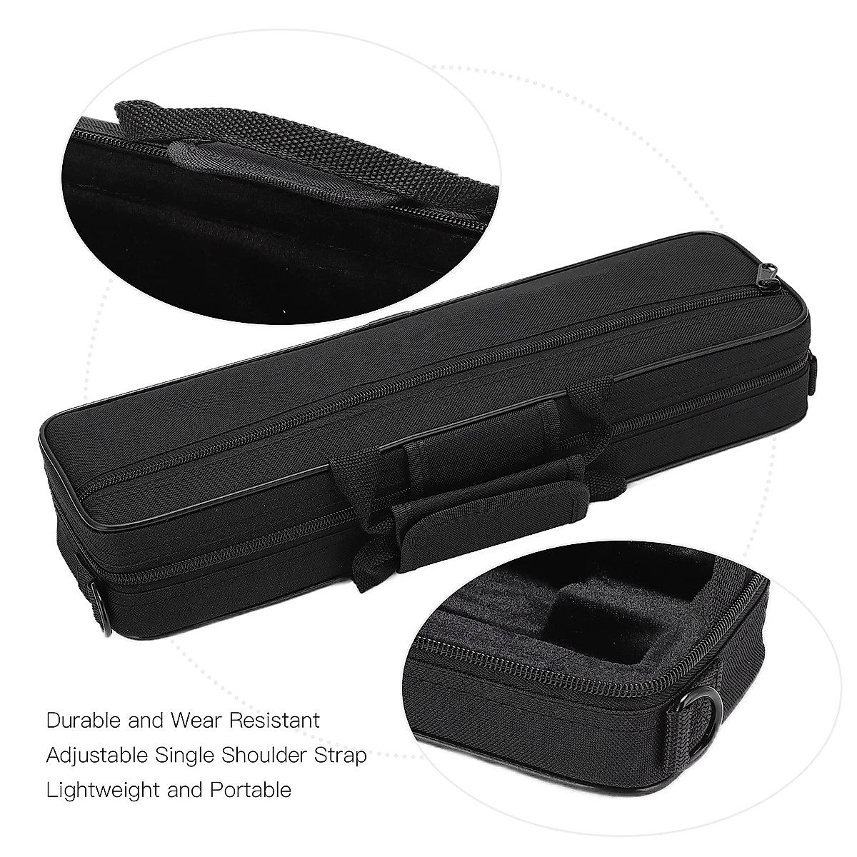 Flute Carry Case with Adjustable Strap and Handle - Padded Instrument Case for 16-Hole Flute - Exterior Pocket (Black)