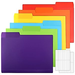 EOOUT 30pcs Colored File Folders, 9'' x 11.6'' Plastic File Folders, 3 Tab Poly Folder, 6 Colors with 40pcs Erasable Category Labels, for School and Office Supplies