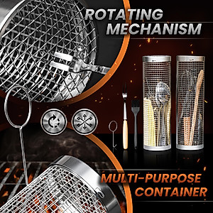 2PCS Rolling Grill Baskets for Outdoor Grill, Big Green Egg Accessories-Set Includes Fork, Hook, and Oil Brush-304g Stainless Steel-Perfect Gifts for Dad, Camping Must Haves, Unique Outdoor Gifts