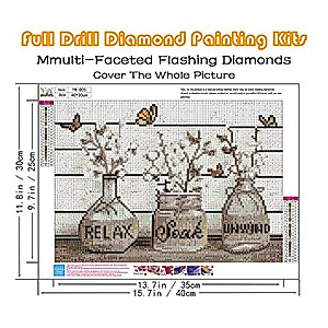 KINPLUB Farmhouse Diamond Painting Kits for Adults, Cotton Flower with Vase 5D Diamond Art Kits, DIY Full Round Drill Gem Art, Coutryside Home Wall Decor 12 x 16 Inch