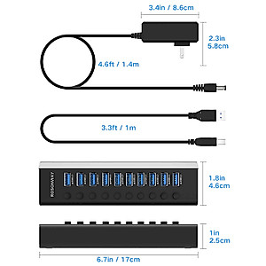 Powered USB Hub, Rosonway Aluminum 10 Port USB 3.0 Data Hub with 36W (12V/3A) Power Adapter and Individual On/Off Switches USB Splitter(RSH-A10)