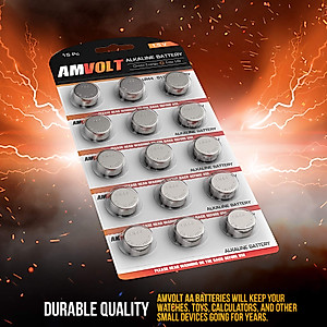 AmVolt- Pack of 15 LR44 Batteries AG13 SR44 357 303 Premium Alkaline Non Rechargeable Button Battery, 1.5 Volt Small Batteries for Watches Clocks & Electronic Devices