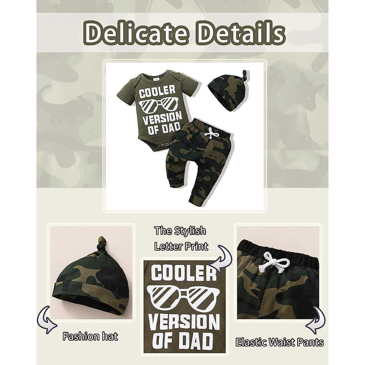 NZRVAWS Baby Boy Clothes Newborn Boy Outfit 3-6 Months Romper Short Sleeve Cooler Version Of Dad Top Camouflage Long Pants Hat 3PC Infant Clothing Set