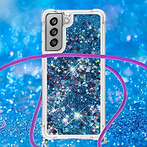 Asuwish Phone Case for Samsung Galaxy S21 FE 5G with Screen Protector and Crossbody Strap Bling Liquid Glitter Clear Slim Protective Cell Cover S 21 EF S21FE5G UW S21FE 21S G5 6.4 inch Women Blue