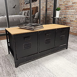 Deco 79 Metal Low Profile File Cabinet 3 Drawers Storage Bench with Brown Wood Top, 39" x 16" x 19", Black