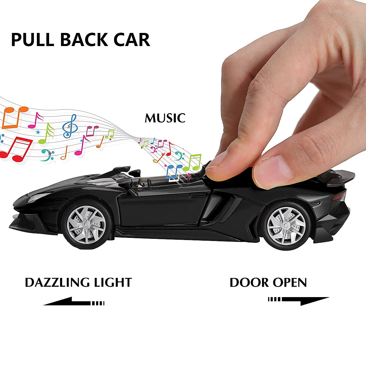 Toy Car 1/32 Roadster Metal Die-cast Model Car with Sound and Light for 3 4 5 6 7 Year Old Boy Toy (Black)