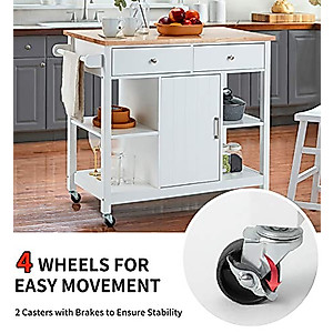 KVK Rolling Kitchen Island Cart with Towel Rack, Large Drawers, Compartment Cabinets, Open Storage Shelves, Kitchen Cart with Rubber Wood Top, Pine Legs, Lockable Wheels, White (SJHM-013WH)