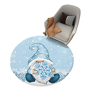 Winter Fluffy Round Area Rug Carpets 4ft, Plush Shaggy Carpet Soft Circular Rugs, Non-Slip Fuzzy Accent Floor Mat for Living Room Bedroom Nursery Home Decor Christmas Gnomes Blue Snowflake