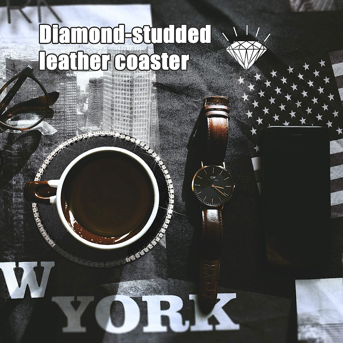 Coasters for Drinks Coffee Tea Cup Pads Table Mat with Coaster Holder for Home,Office,Kitchen,Bar,Bling Crystal Luxury Handmade Diamond (Set of 6) (R White)