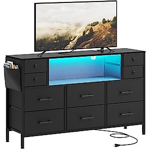 YITAHOME TV Stand with Charging Station, Dresser TV Stand for 55'' TV, 10 Drawer Dresser for Bedroom, Media TV Console Table with Side Pockets & Hooks, Storage Fabric Drawer Unit for Bedroom