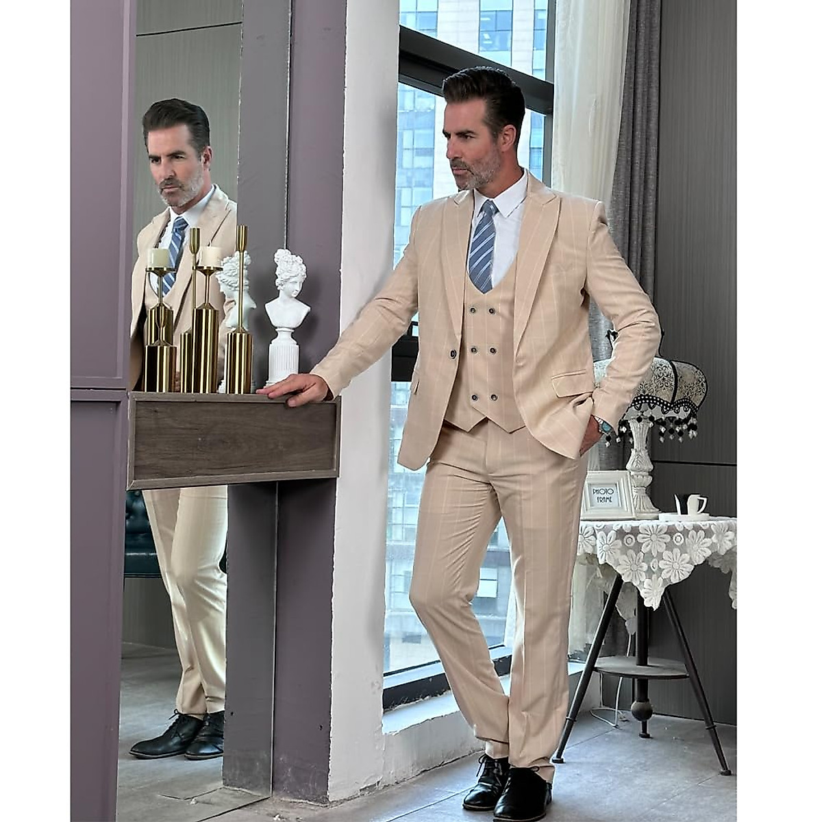 Aesido Business Men's Suits Slim Fits 3 Piece Double Breasted Breathable TR Plaid Thin Prom Tuxedos Blazer Wedding Grooms(Olive Green,46)