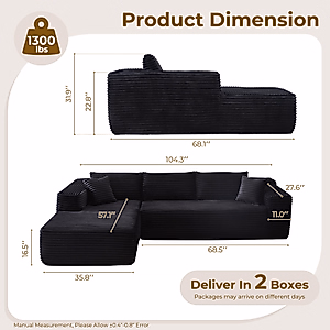 POUUIN 104" L-Shape Modular Sectional Sofa Couch - Comfy Upholstered Cloud Couch for Living Room - Modern Minimalist Couch,Deep Seat,No Assembly Required (Black,Plush Corduroy, Left Facing Chaise)