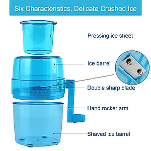 Hand Crank Ice Crusher,Snow Cone Machine Household Mini Portable Ice Shaver with Stainless Steel Blade Manual Ice Crusher for Snow Cone, Slush, Shaved Ice(Blue)