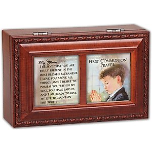 Cottage Garden First Communion Jesus Believe You Woodgrain Rope Trim Jewelry Music Box Plays Hallelujah