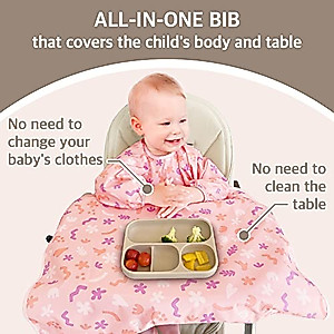 Aijoo All-in-one Coverall Bib, Baby Feeding Bibs, Long Sleeve, BLW Bibs Covers baby and high chair (Pink Flower)