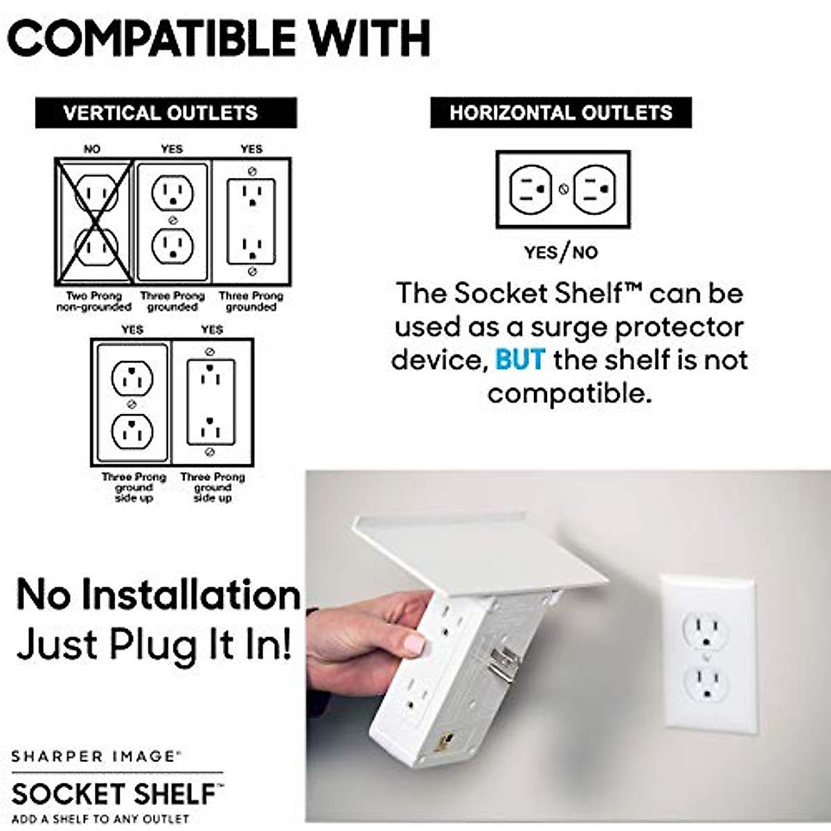 8-Port Surge Protector Wall Outlet with Shelf & USB Charging | Allstar