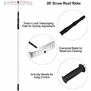 Hysache Snow Roof Rake, 21ft Aluminum Roof Rakes for Snow Removal with Twist-N-Lock Telescoping Design, 6" x 25" Blade, Snow Removal Tool, Extendable Snow Rake for Snow/Wet Leaf/Dribs, Rooftop