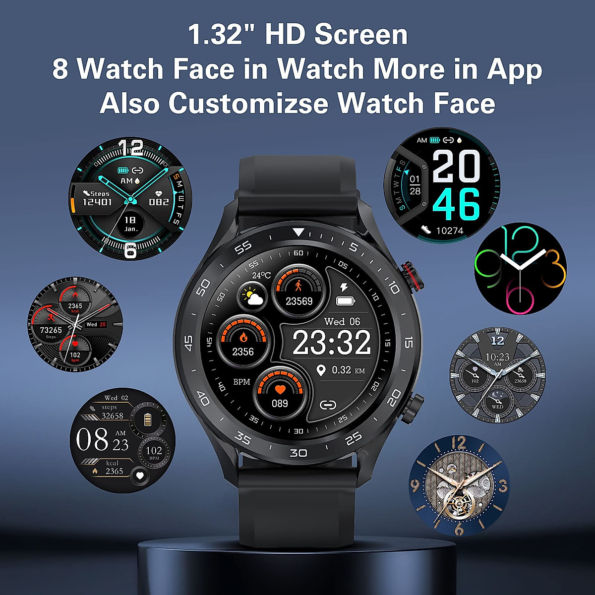 BRIBEJAT Smart Watch for Men, HD 1.32'' Stainless Steel Case Smartwatch, Waterproof Fitness Tracker Pedometer SpO2/Heart Rate/Sleep Monitor, Activity Tracker Compatible with iOS Android Phone