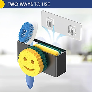 MURLONG Sponge Holder, Smiley Face Sink Caddy, Sink Organizer Sponge Sink Holder Stainless Steel with Suction Cups & 1 PCS Adhesive Strips for Holding Soap, Brush, Scrubber, Sponge-Black