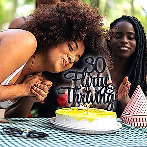 30 Flirty & Thriving Cake Topper, Cheers to 30 Years/Dirty 30, Happy 30th Birthday Anniversary Party Decorations Supplies, Black Glitter