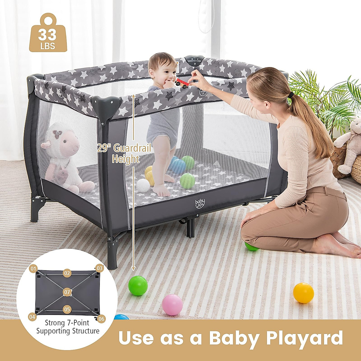 Costzon 3 in 1 Pack and Play with Bassinet, Portable Baby Playard with Changing Table, Bassinet, Music Box, Whirling Toys, Wheels/Brake, Large Basket, Bag, Foldable Travel Crib for Indoor Outdoor