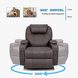 Shahoo PU Leather Chair with Massage Function Adjustable Home Theater Single Recliner Thick Seat and Backrest, 360° Swivel and Rocking Sofa for Living Room, Attractive Brown
