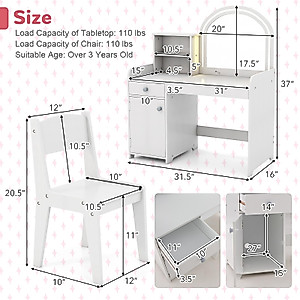 HONEY JOY Kids Vanity Set with Lighted Mirror, 2 in 1 Princess Toddler Dressing Table w/Open Storage Shelves & Drawer, Wooden Makeup Table & Chair Set, Pretend Play Vanity Set for Little Girls, White