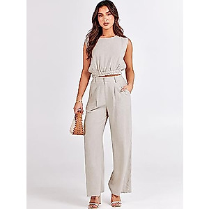 ANRABESS 2 Piece Outfits for Women Summer Vacation Beach Sleeveless Linen Crop Tank Top Casual Matching Lounge Sets Comfy Tracksuits Long Pants Jumpsuits 2023 Fashion Clothes A1102maxing-L