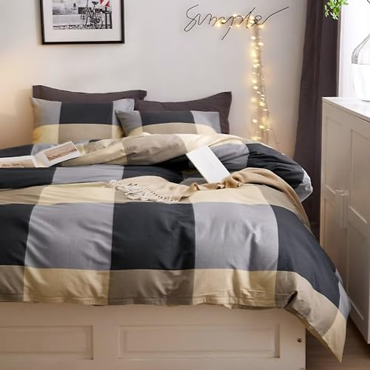 VClife Cotton Duvet Cover Queen, Modern Beige Black Grey Grid Printed Bedding Sets, 3 PCS Simple Queen Size Geometric Duvet Cover for All Season, Zipper Closure & Corner Ties, Easy Care, Breathable