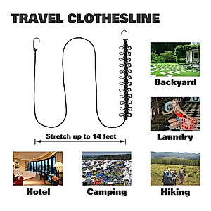 LUKEYLAND Portable Travel Clothesline,Adjustable Elastic Travel Camping Clothes line with 12 PCS Clips and 14 Positioning Clasp Windproof Clothesline Travel Camp（2pcs）