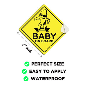 LAVMO Baby On Board Sticker For Cars (2 Pcs) - Bright Yellow Reflective Safety Signs - 5"x5" Funny and Cute Safety Caution Decal Sign for Window and Bumper - No Need for Suction Cups and Magnets