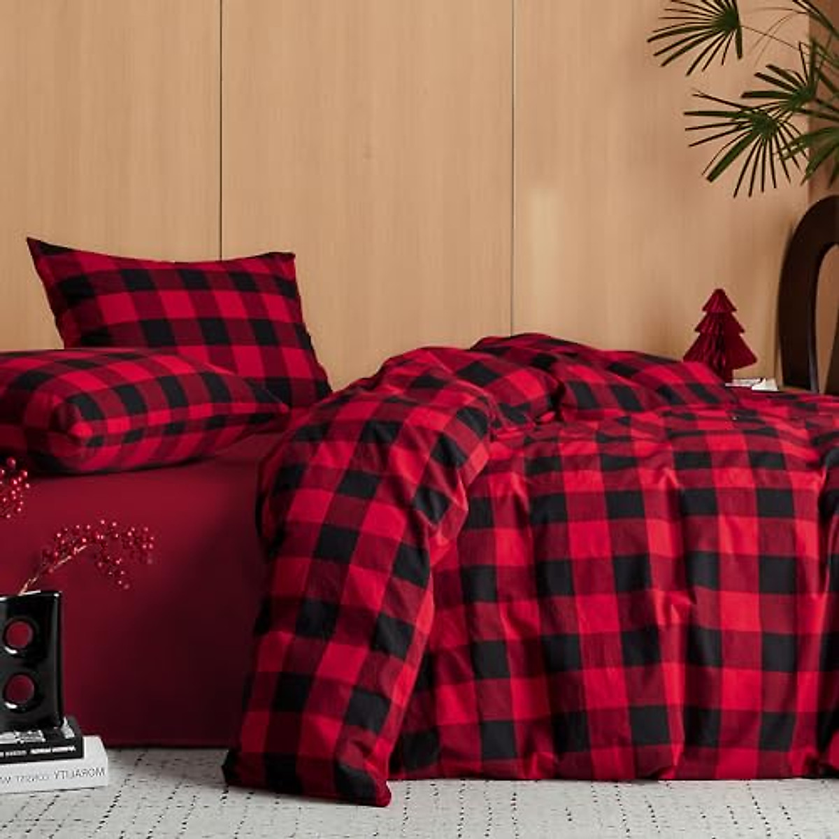 Wake In Cloud - Gingham Cotton Duvet Cover Set, Plaid Buffalo Check Checkered Farmhouse, 100% Washed Cotton Textured Percale Bedding Set, 3 Pieces, Red Black, California King Size